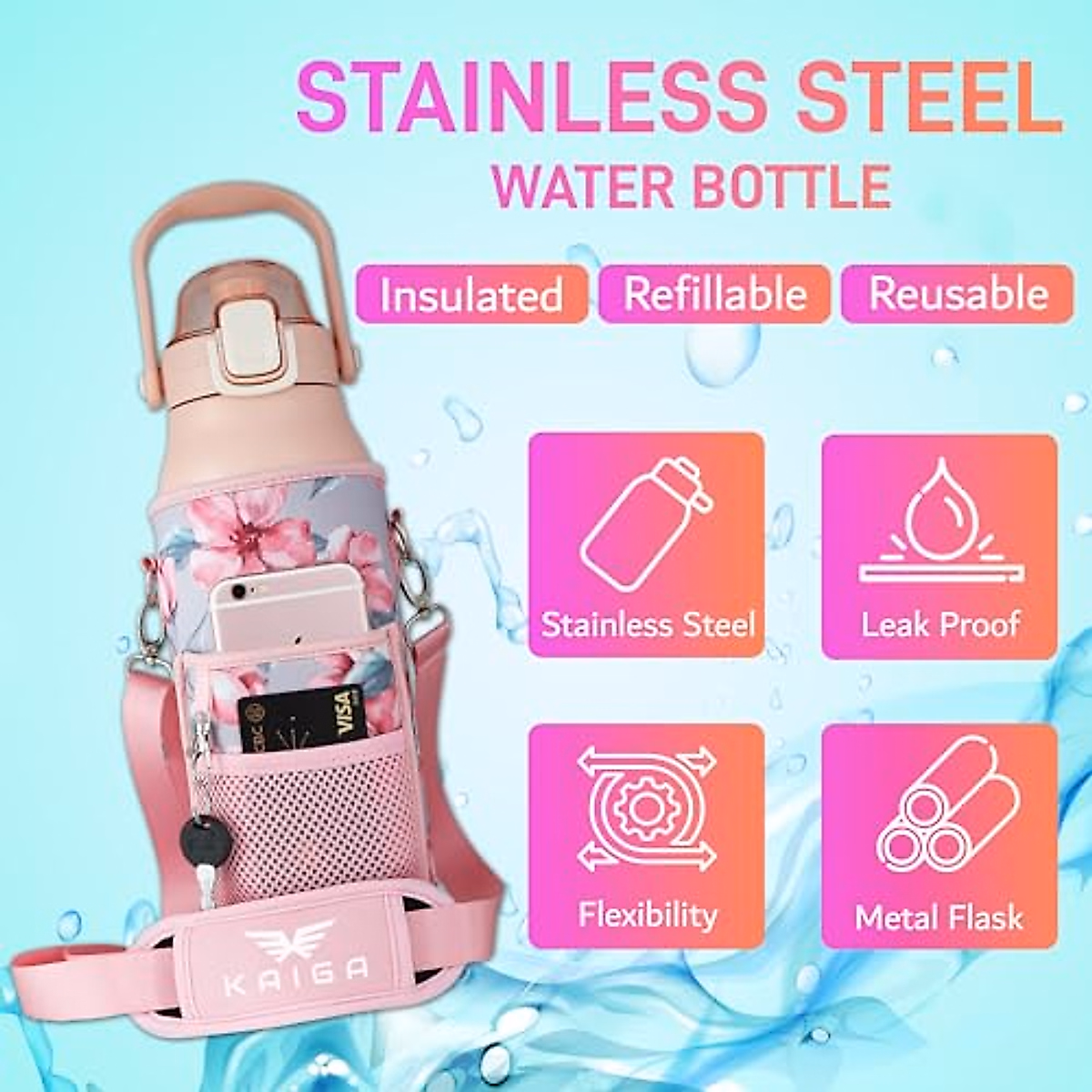 44 Oz Stainless Steel Water Bottle with Straw, Insulated Double Walled Thermos with Wide Mouth and Leak Proof Lid, Jug with Handle, Straw and Sleeve - Large BPA Free Metal Flask