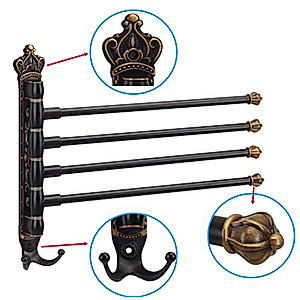SDH Towel Rack 4-Arms Aluminum Wall Mounted Hand Towel Holder with Hooks 180° Swivel Rotation Space Saving Vintage Theme Design Towel bar for Kitchen & Bathroom Storage