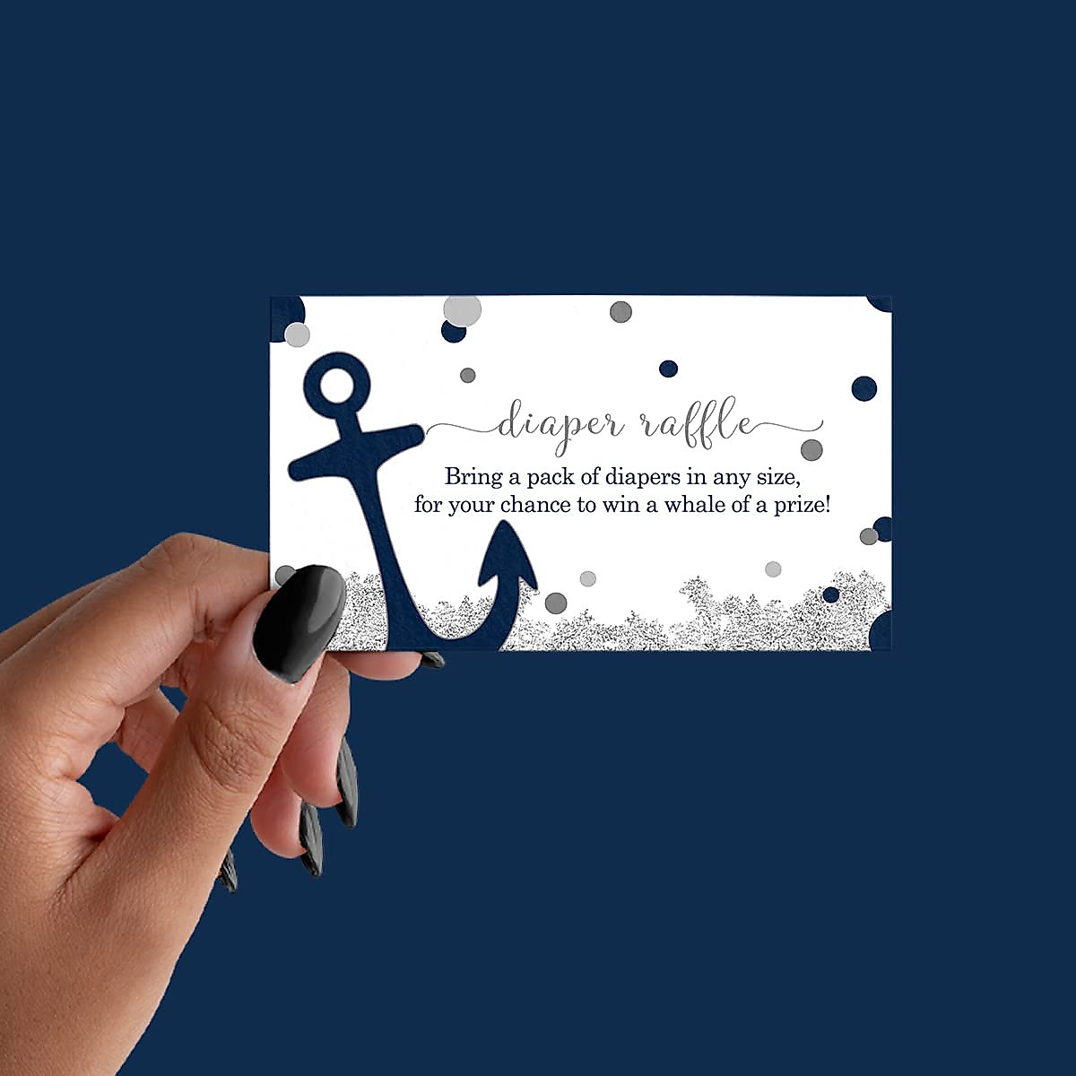 Paper Clever Party Nautical Diaper Raffle Tickets (25 Pack) Boys Baby Shower Games - Invitation Insert - Fill-In Cards for Prize Drawing Activity - Navy and Silver - 2x4 Size Set