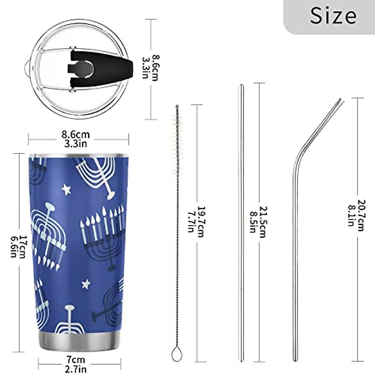 20oz Tumbler Bottle with Lid and Straw Hanukkah Blue Candle Insulated Coffee Ice Cup Vacuum Stainless Steel Shaker Bottle Travel Mug Water Cup Gifts