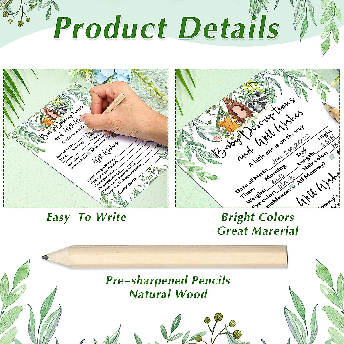 Gersoniel 135 Pieces Woodland Baby Shower Game Cards Forest Animals Baby Shower 5 Games Set Guess Who Mommy or Daddy Game Well Wishes Bingo Game Woodland Creatures Theme with Pencils for Boy Girl