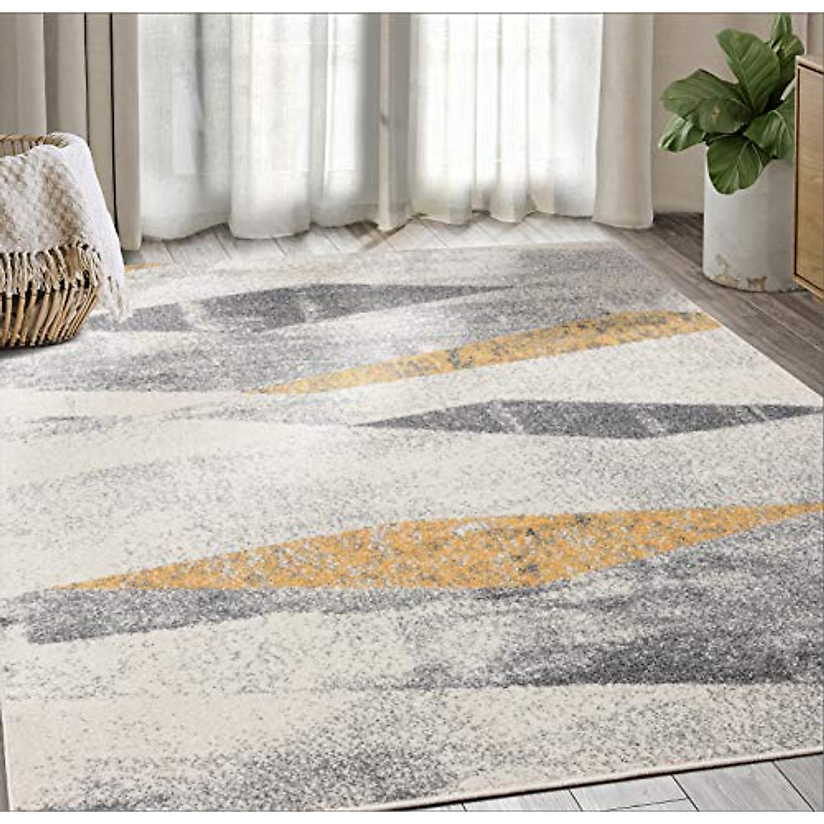 Abani Geometric Distressed Turkish Area Rug, Laguna Collection Grey & Yellow Modern Style 5' 3" x 7' 6" Accent Rug Rugs