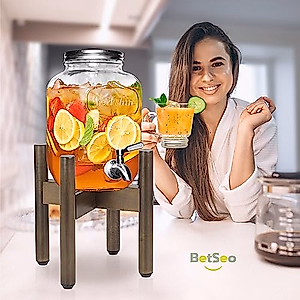 BETSEO Drink Dispenser Stand - Beverage Jar and Water Plastic Jug Holder - to plant flower pots - Adjustable up to10-inch Wide (Water Dispenser-Walnut)