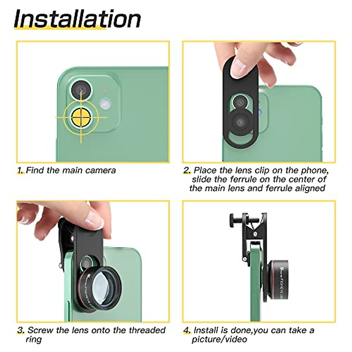 Selvim Phone Camera Lens Phone Lens Kit 4 in 1, 22X Telephoto Lens, 235° Fisheye Lens, 0.62X Wide Angle Lens, 25X Macro Lens, Compatible with iPhone 7 8 11 pro max X XS XR Android Samsung