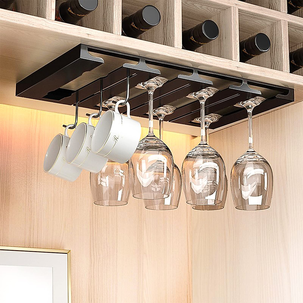 YALINKA 2Pcs Under Cabinet Stemware Holder Wine Glass Rack, Glasses Storage Hanger Under Shelf with hook, Goblet Display Drying Rack for Kitchen Bar Restaurant (4 slots)