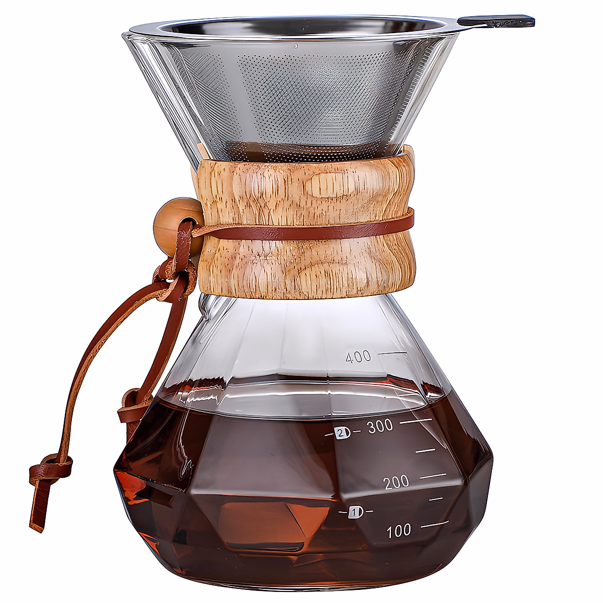 COFISUKI Pour Over Coffee Maker with Reusable Stainless Steel Drip Filter, Lead-Free Borosilicate Glass Coffee Carafe with Modern Wooden Collar for 1-2Cup, Diamond Clear (400ml/13.5oz)