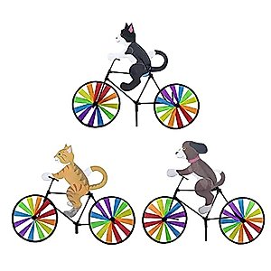 DAADUN Animal Bike Wind Spinner,3pcs 3D Cat Dog Animal Riding Bicycle Windmills Animal Pinwheels for Garden, Yard, Lawn, Whirligig Stake Decoration