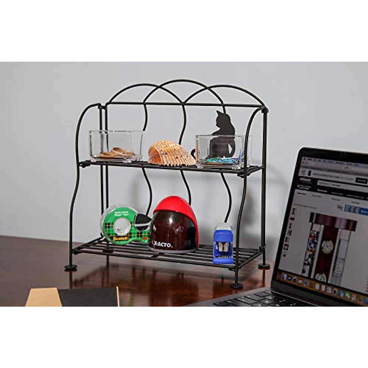 Lily's Home Cat Lovers Black Metal Countertop Wire Shelf Rack, Great for Household Items, Kitchen Organizer, Bathroom Storage and More. Foldable. 2-Tier