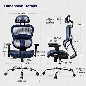 AFO Ergonomic Home Office 3D Armrests and Adjustable Headrest, High Back Breathable Mesh Chairs for Gaming, Executive, Supports up to 300 Pounds, 28.1D x 26.5W x 48.03H Inch, Blue