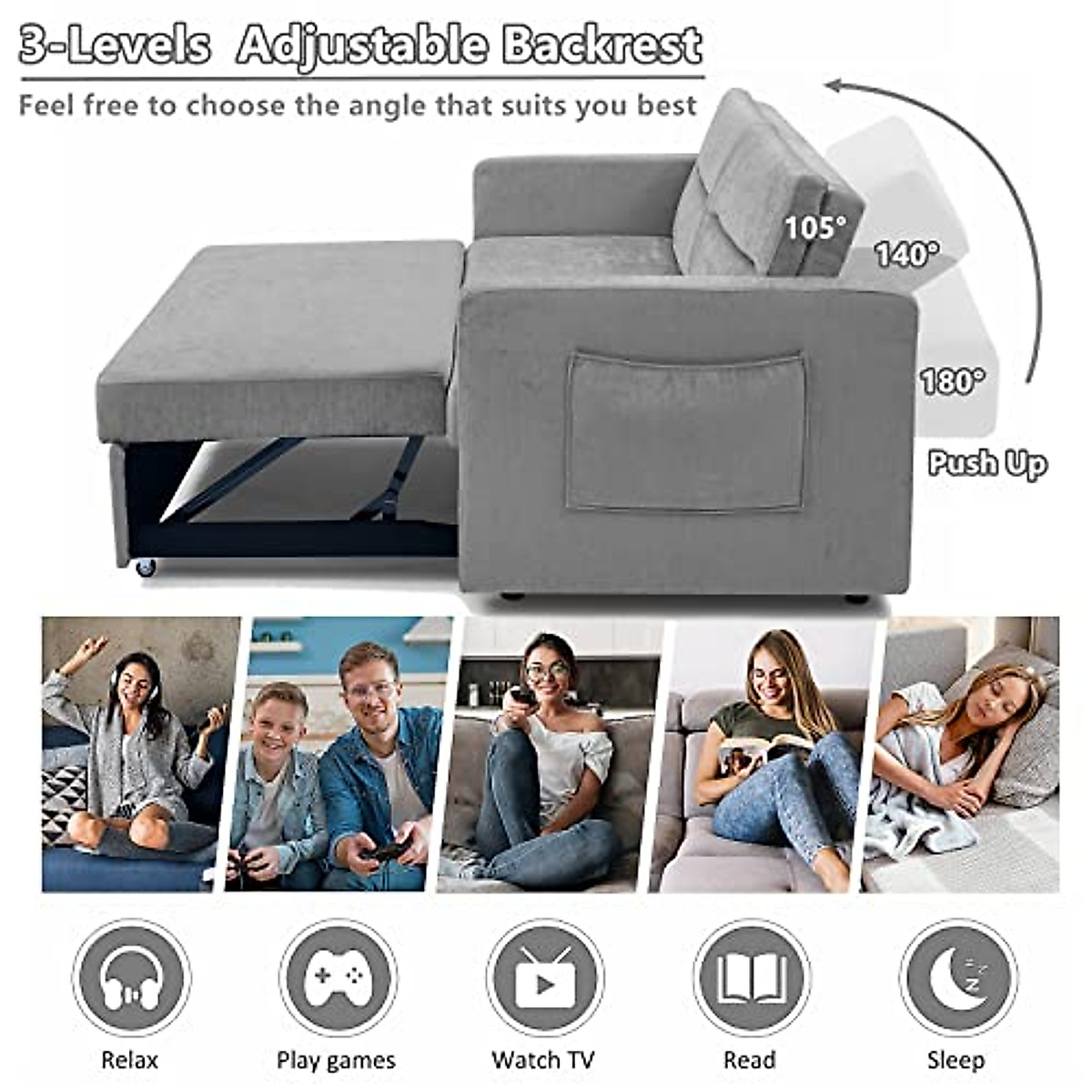 Gynsseh Pull Out Loveseat Sleeper, Adjustable Sleeper Loveseat Couch with Pull Out Bed and Side Pockets, 3-in-1 Convertible Sleeper Sofa Bed for Small Spaces Living Room (S3-Gray)