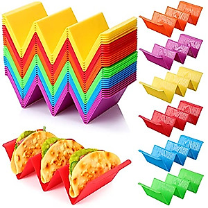 60 Pack Colorful Taco Holder Stands Plastic Large Taco Tray Plates Hold 2 or 3 Tacos Each Rack Server Hard Tortilla Holder for Party Platter Rack Dishwasher Microwave Safe