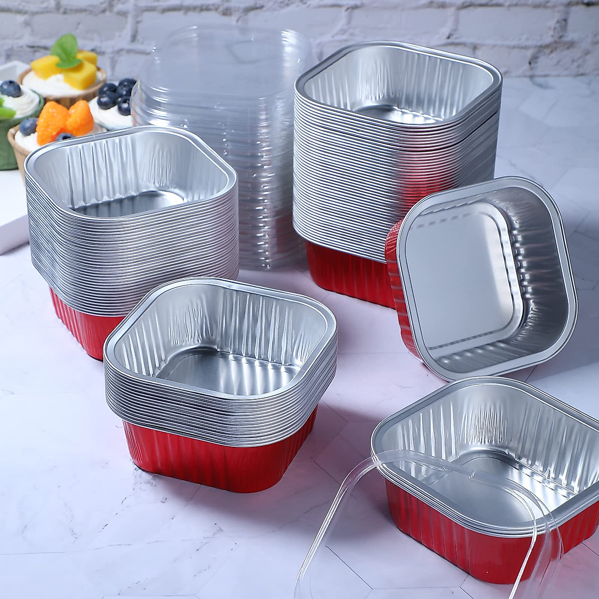 100 Set Aluminum Foil Baking Cups 10 oz Cupcake Liners with lids Disposable Mini Dessert Cups Cupcake Ramekins Containers Square for Cake Muffin Souffle Pudding Wedding Birthday Favor