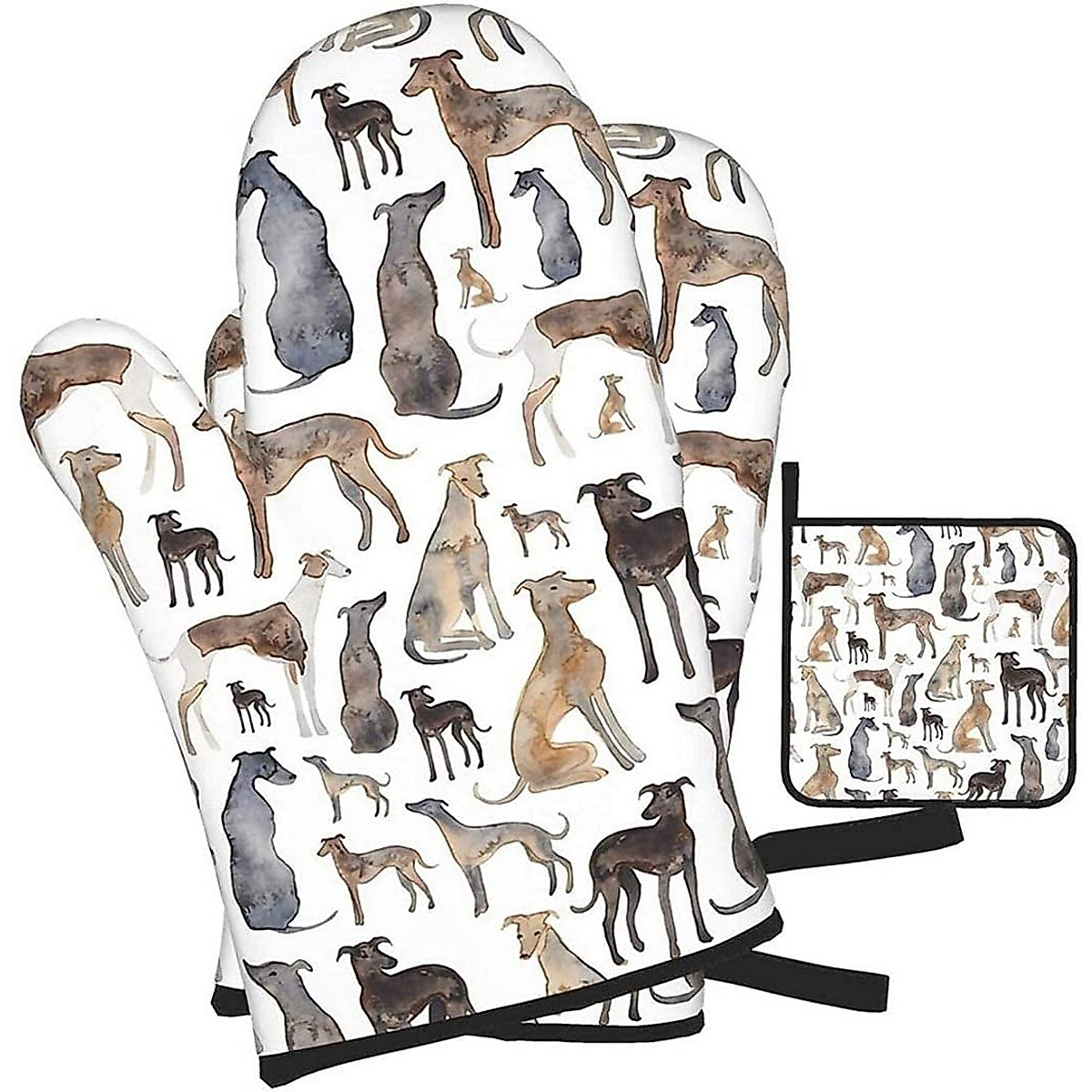 JKKL Greyhounds Wippets and Lurcher Dogs Pattern，3pcs Oven Mitts and Pot Holders for Kitchen,Cooking,Baking,Grilling,BBQ