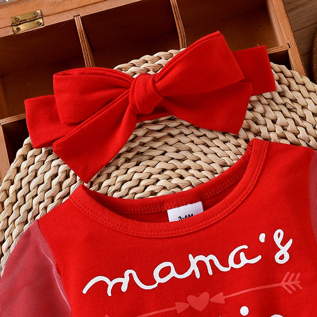 Infant Girls Dresses Double Tulle Long Sleeves Dresses+Bow Headband 3D Heart Applique Valentines Day Baby Clothes (Red Dress,3-6 Months)