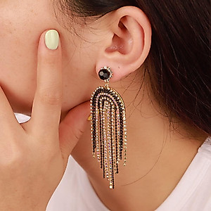 Kercisbeauty Black Rhinestones Beads Gold Chandelier Earrings Fringe Dangle Drop Jewelry for Women Girls Vintage Wedding Bridal Jewelry (Black 1)