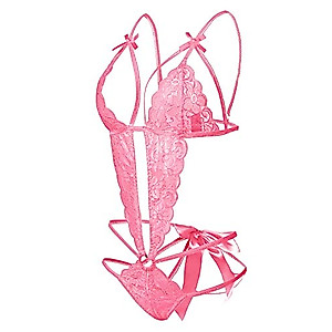 Donnalla Women's Deep V Lace Teddy One Piece Lingerie Cutout Strappy Lingerie, Pink, Medium