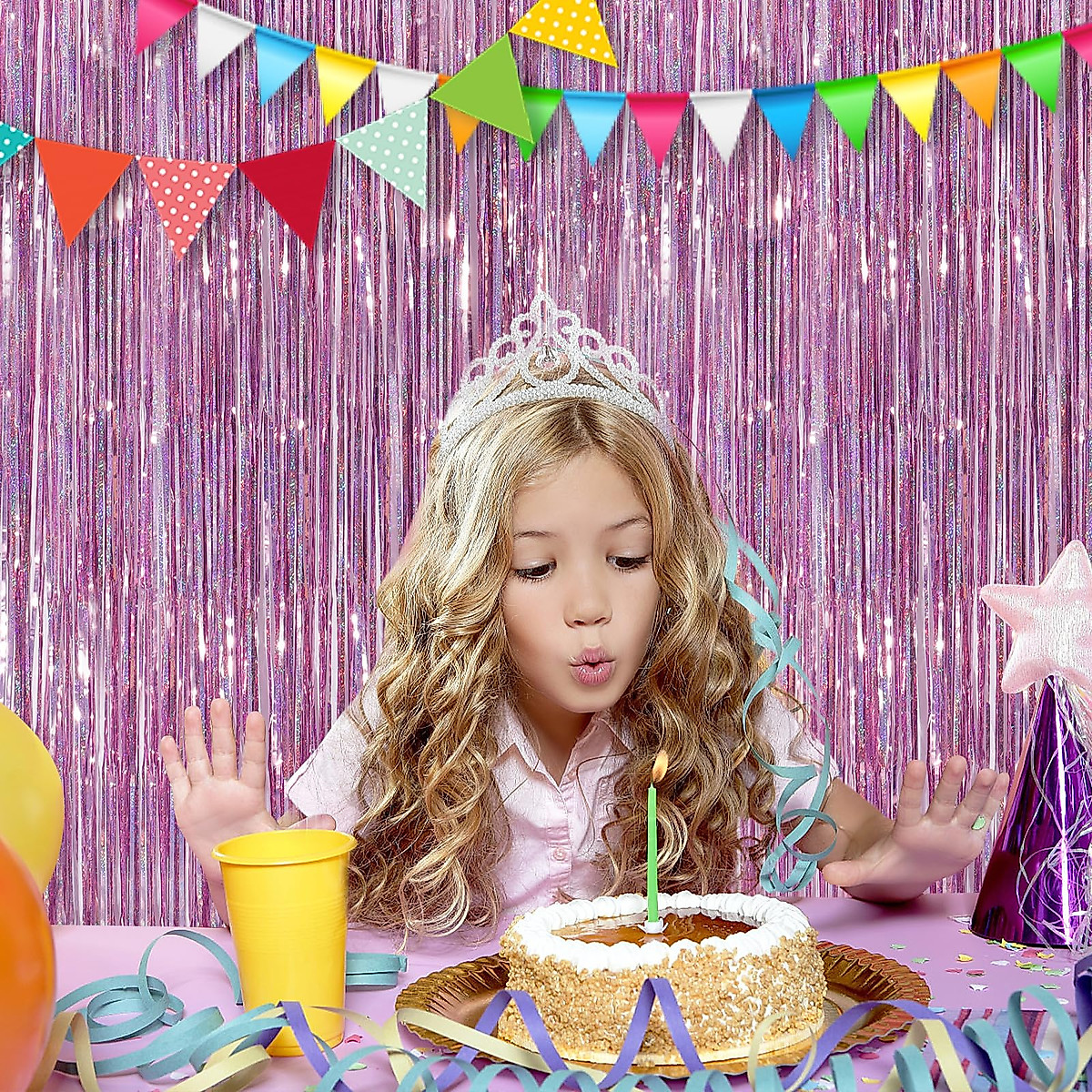 Glitter Pink Party Streamers 2Pack Glitter Foil Fringe Curtain 3.3 x 8.3ft Pink Party Decor Photo Booth Streamers Metallic Tinsel Door Streamer for XmasThanksgiving Engagement Party Decors Streamers