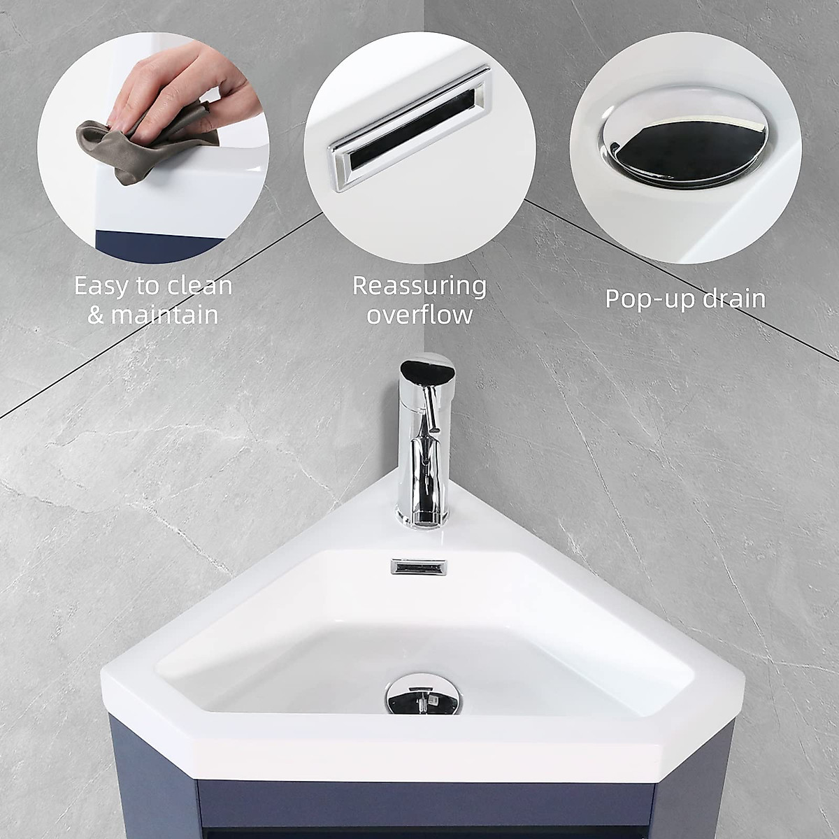 wonline 16" Corner Bathroom Vanity Sink Combo for Small Space Wall Mounted Cabinet Set Design Navy Resin Basin Sink Top Chrome Faucet and Drain