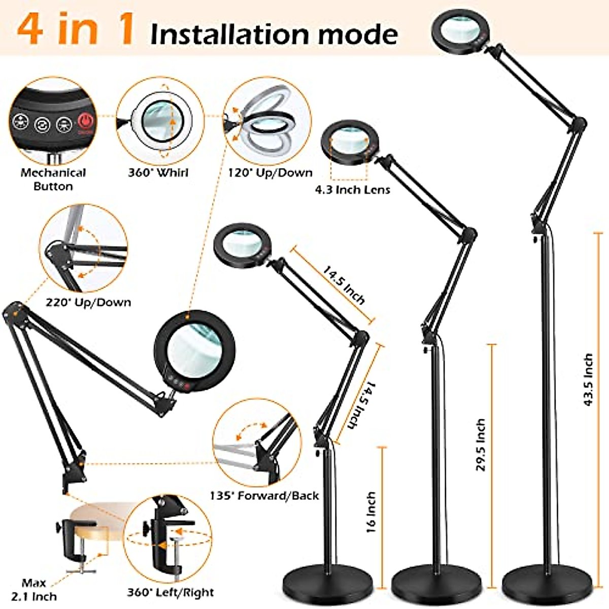 8X Magnifying Glass with Light and Stand, Krstlv 4-in-1 LED 5 Color Modes Stepless Dimmable Magnifying Floor Lamp, Adjustable Swing Arm Lighted Magnifier Lamp with Clamp for Close work, Craft, Reading