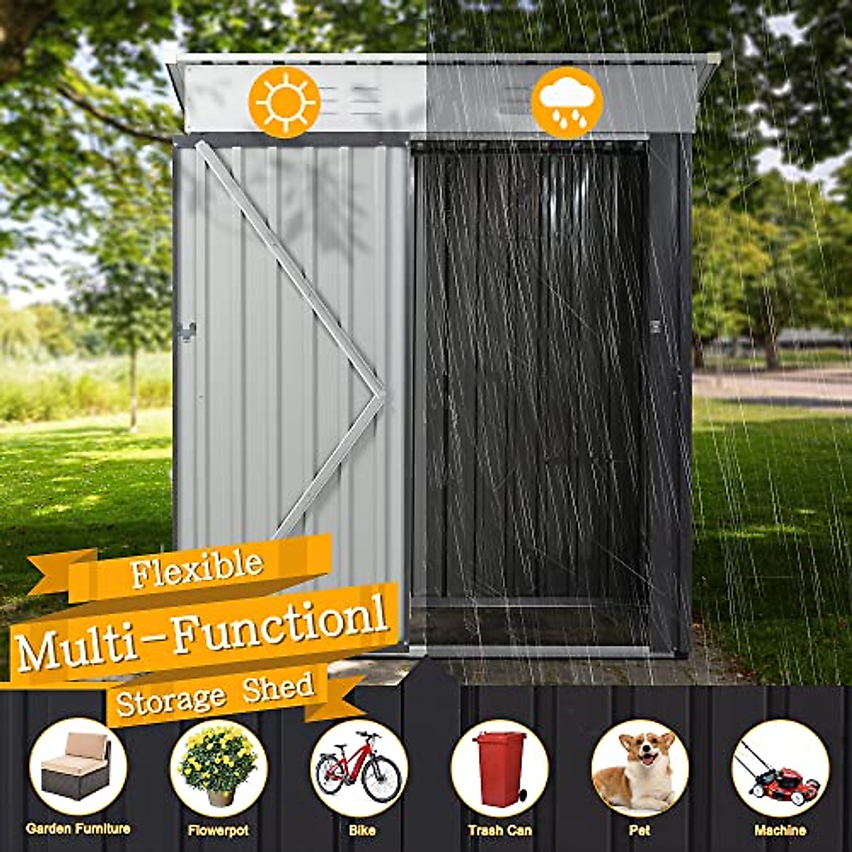 Shintenchi 5x3 FT Outdoor Storage Shed,Waterproof Metal Garden Sheds with Lockable Single Door,Weather Resistant Steel Tool Storage House Shed for Yard,Garden,Patio,Lawn,Dark Grey
