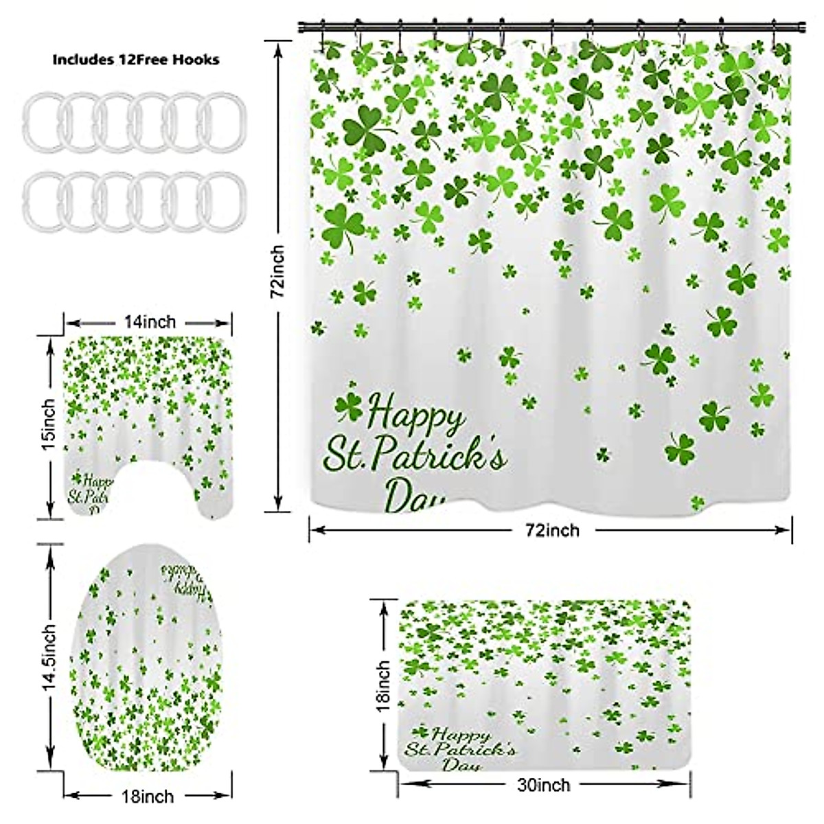 4 Pcs St. Patrick's Day Shower Curtain Sets with Rugs, Irish Gnomes Green Shamrocks Buffalo Plaid Truck Waterproof Shower Curtains for Bathroom with Hooks, Spring Holiday Home Bath Bathtub Decor
