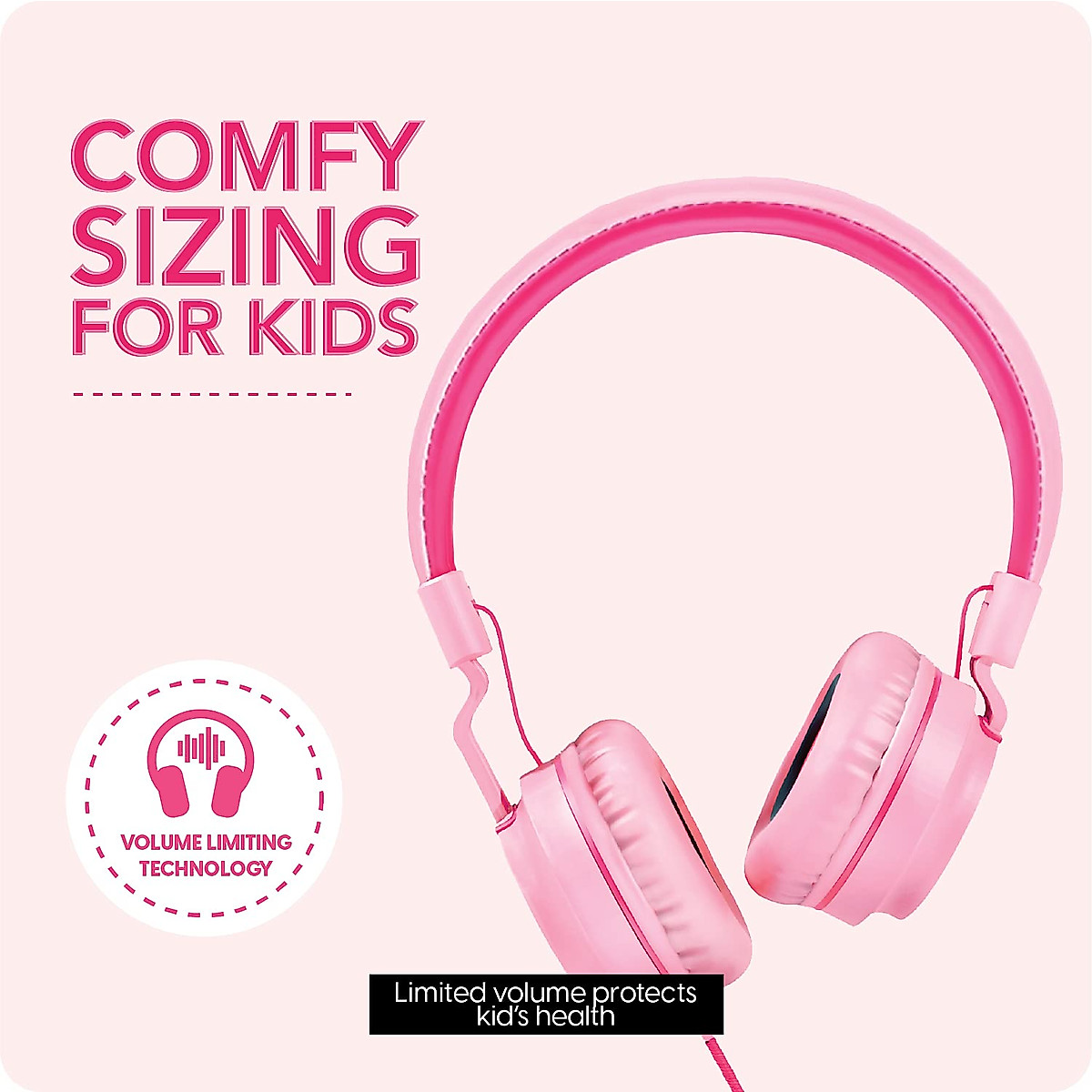 TalkWorks Corded Headphones for Kids - Over Ear Headphones for Home, School, and Gaming - Lightweight, Portable, Cushioned Earcups, and Adjustable Headband - Comes in Fun Colors - One Size, Pink