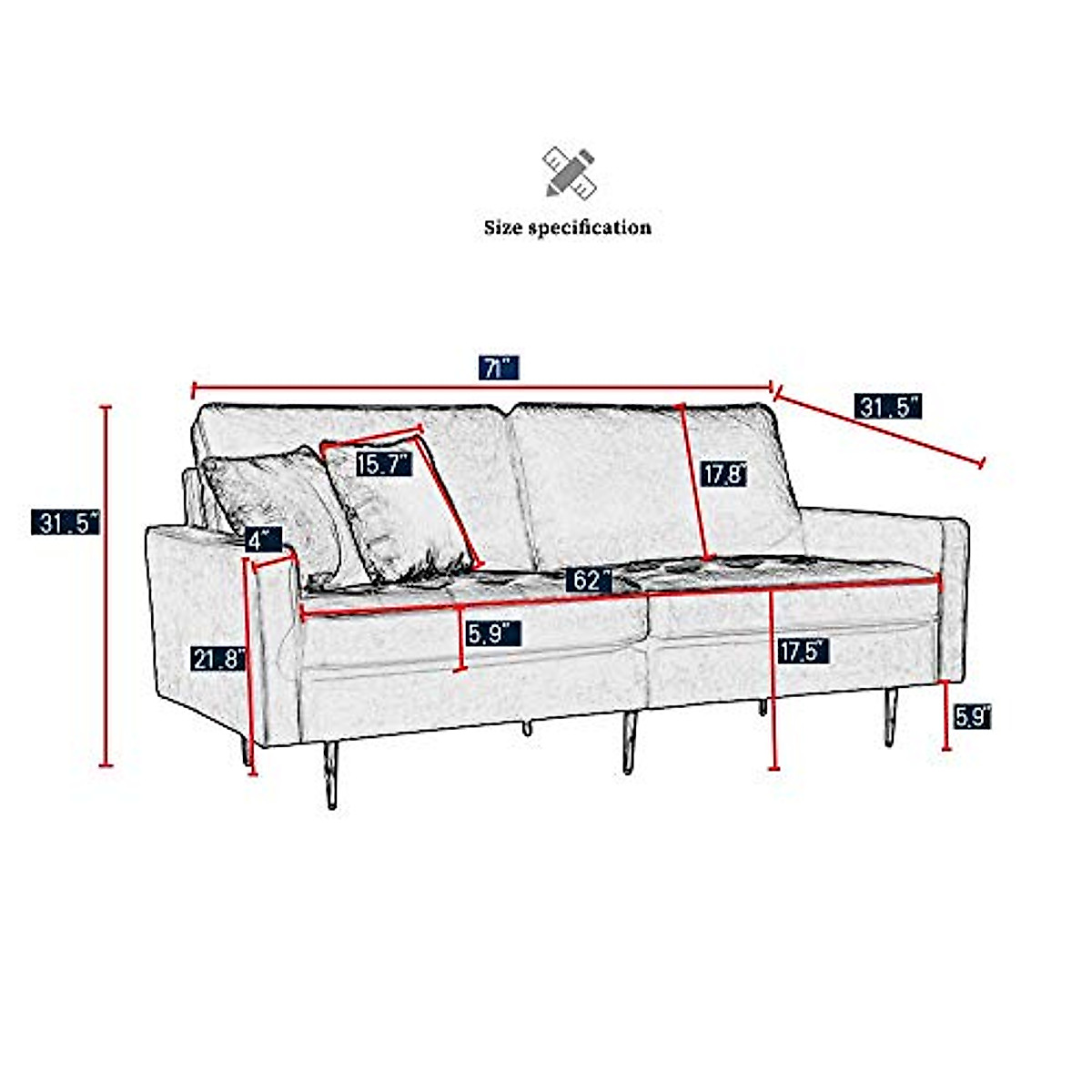 Danxee Loveseat Sofa Living Room Sofa with 2 Throw Pillows Modern Sofa Couch Velvet Fabric Golden Metal Legs 3 Seats 71 inch Wide (Yellow)