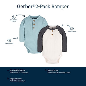 Gerber Baby Boy's 2-Pack Long Sleeve Henley Onesies, Blue and Ivory