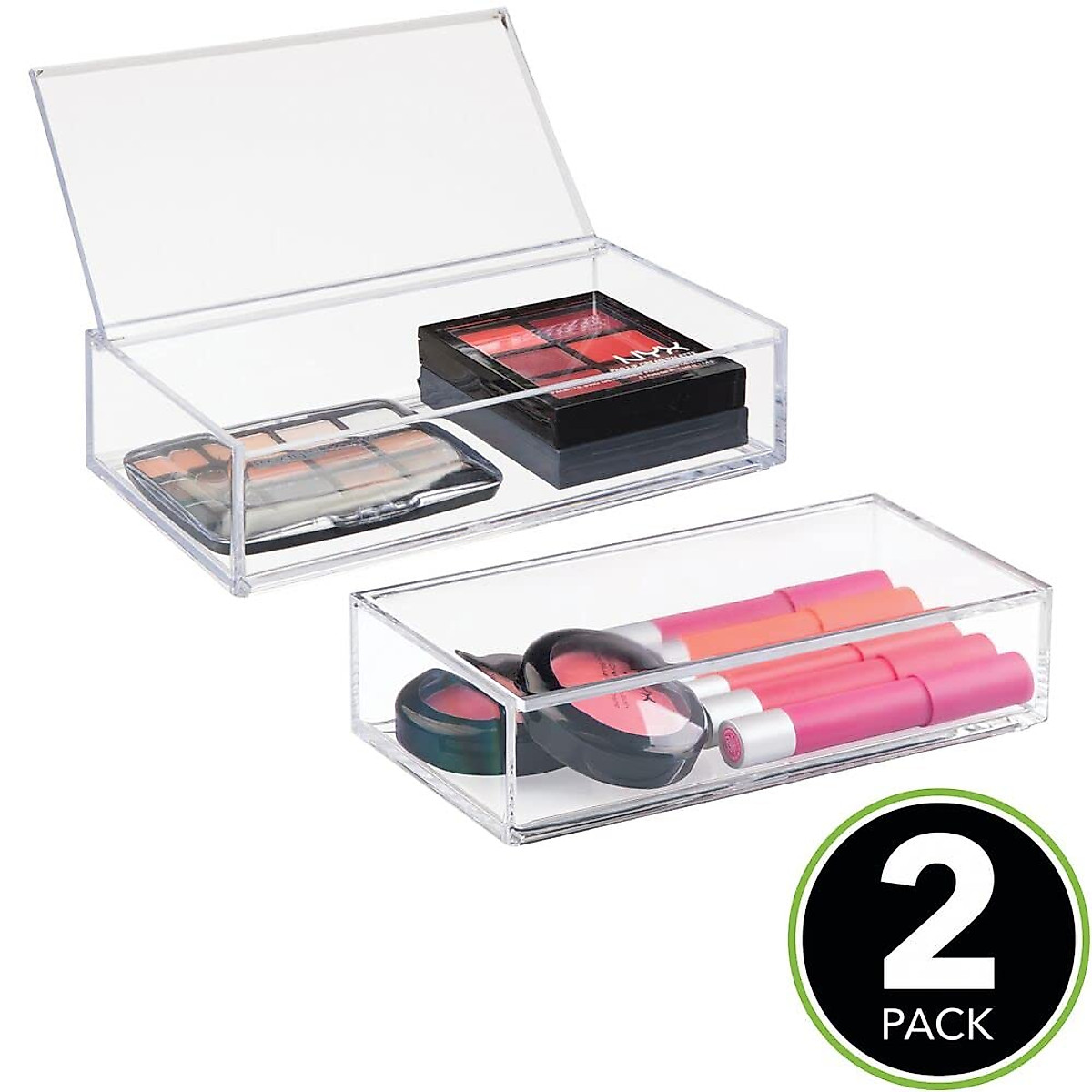 mDesign Small Makeup Organizer Box with Lid for Vanity Countertops, Cabinet - Store Makeup Brushes, Eye Shadow Palettes, Lipstick, Lip Gloss, Blush, Jewelry - Plastic, 2 Pack - Clear
