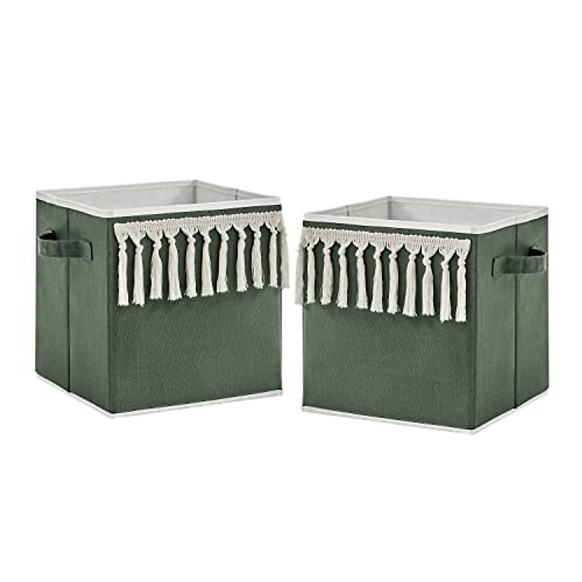 Sweet Jojo Designs Dark Green Boho Chic Foldable Fabric Storage Cube Bins Boxes Organizer Baby Solid Sage Hunter Ivory Bohemian Gender Neutral Linen Tassel Modern Farmhouse Designer Minimalist Set 2