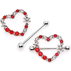 Body Candy 14G Nipplerings Piercing 9/16" 316L Steel 2Pc Clear Red Accent Lovers Heart Nipple Ring Set 14mm
