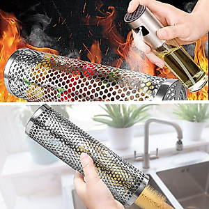 Vilopin Rolling Grilling Baskets for Outdoor Grill BBQ,Net Tube,Stainless Steel Large Round Mesh Rotation Barbecue Cylinder Cage Cooking Accessories for Veggies Fish Meat Food Camping Family Picnic