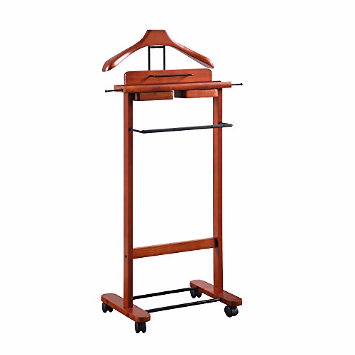 Proman Products Deluxe Suit Valet Stand VL36204 with Top Tray, Slide Out Tray, Contour Hanger, Trouser Bar, Tie & Belt Hooks and Shoe Rack, 17" W x 13" D x 41" H, Dark Cherry