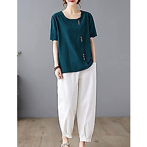 Yeokou Women Cotton Blend Crew Neck Short Sleeve Basic Tunic Tee Shirts Tops Blouse(Teal-XL)