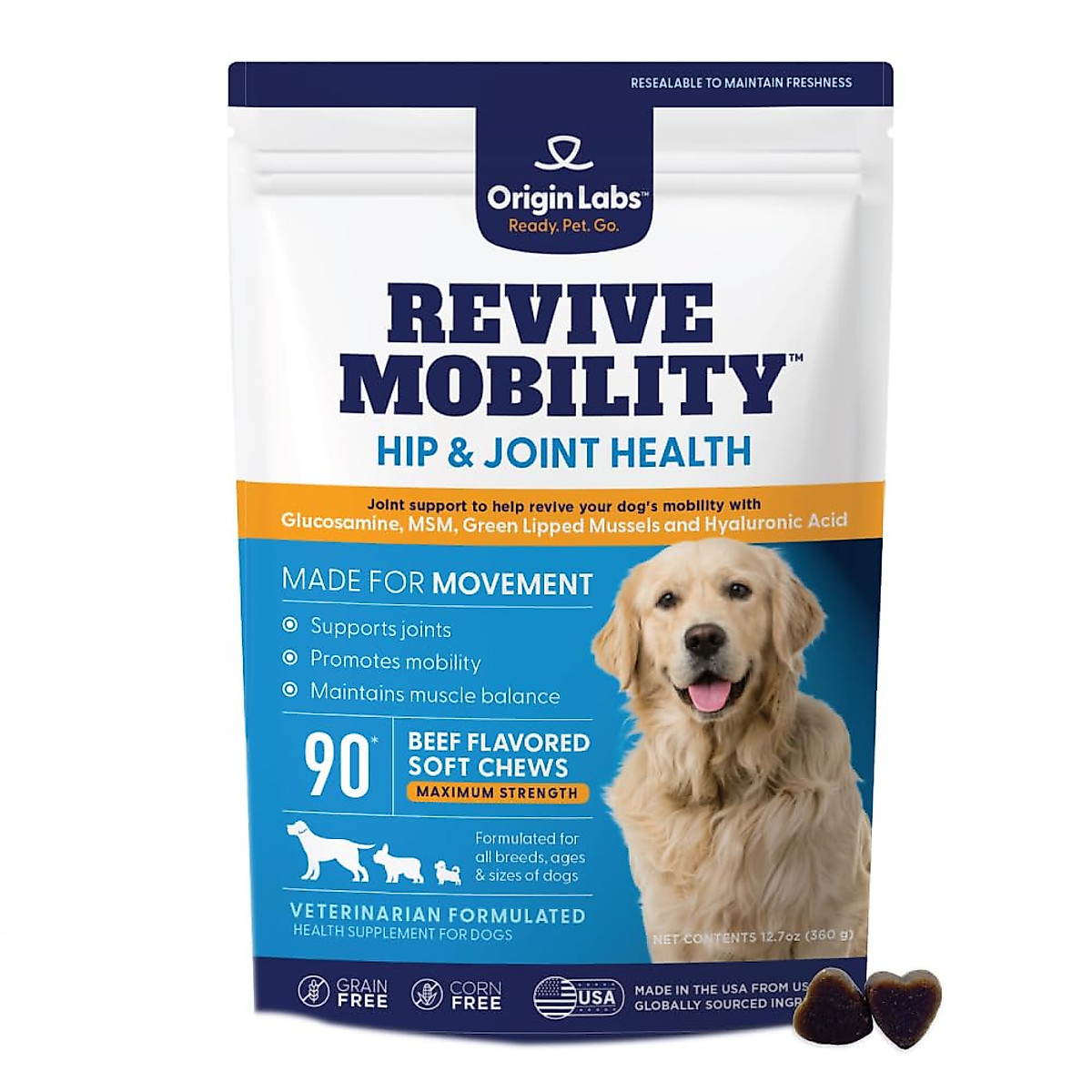 Origin Labs - Revive Mobility Hip & Joint Support Beef Soft Chews for Dogs | Glucosamine Chondroitin MSM & Green Lipped Mussels | Grain & Corn Free, 90 Count
