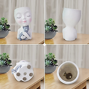 Face Planter Pot Head Planter - Cute Lady Face Hugging a Cat Plant Pots for Indoor and Outdoor Plants, Resin Succulent Planters with Drainage Hole，DIY Gifts for Family and Friends