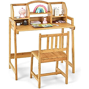 UNICOO - Bamboo Height Adjustable Kids Desk and Chair Set, Children Desk, Kids Study Table and Chair Set (Nature 01)