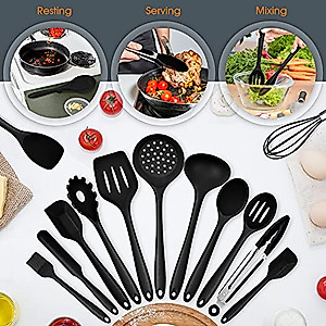 Kitchen Utensils Set, E-far 15-Piece Silicone Cooking Utensils with Holder, Non-stick Cookware Friendly & Heat Resistant, Includes Ladle Spatula Spoon Slotted Turner for Cooking & Baking (Black)