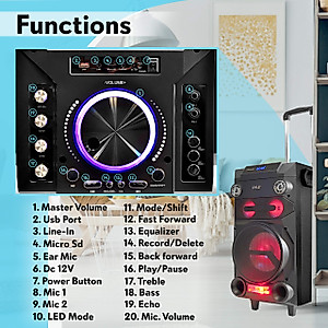 Pyle Portable Wireless Bluetooth Karaoke PA Loud speaker - 8'' Subwoofer Sound System with DJ Lights, Rechargeable Battery, FM Radio, USB / Micro SD Reader, Microphone, Remote - PWMA335BT