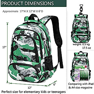 Boys School Backpack for Kids Elementary Middle School Bags for Teens Childs Camouflage Primary Book Bags Lightweight Durable Gifts Fourth Fifth Sixth Grade 17 Inch Ages 4.5.6.7.8.9.10 (Green)
