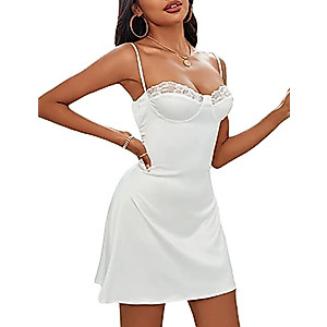 Rooscier Women's Spaghetti Strap Lace Satin Slip Nightwear Sexy Party Mini Dress Bright White Small
