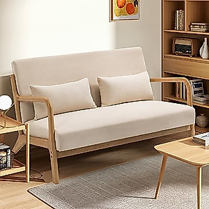 ARSURA Leisure Chair with Solid Wood Armrest and Feet, Mid-Century Modern Accent Sofa, for Living Room Bedroom Studio, 2 seat, Beige