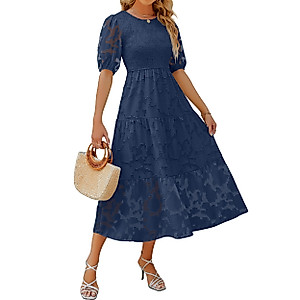 ZESICA Women's 2025 Summer Short Puff Sleeve Crewneck Smocked Floral Lace Flowy A Line Tiered Maxi Dresses,Navy,Large