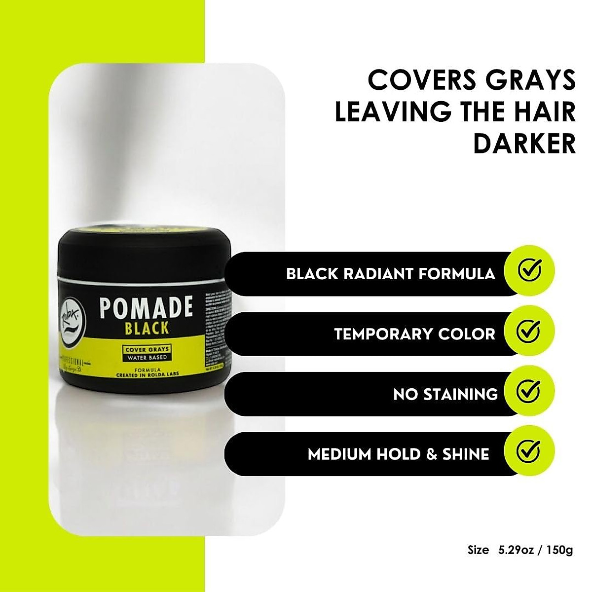 Rolda Black Pomade - Medium Hold With Radiant Shine - Grey Hair Coverage - Water-Based, All-Day, Flake-Free Formula