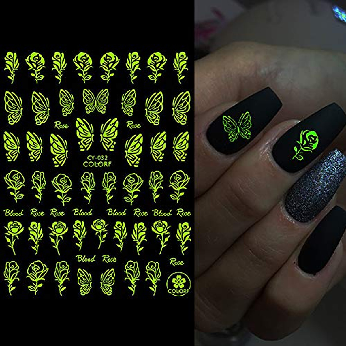 Butterfly Nail Art Stickers 3D Luminous Nail Art Supplies Self Adhesive Nail Decals Flame Star Moon Heart Designer Nail Stickers for Women Acrylic Nails Design Manicure Art Decorations 6 Sheets