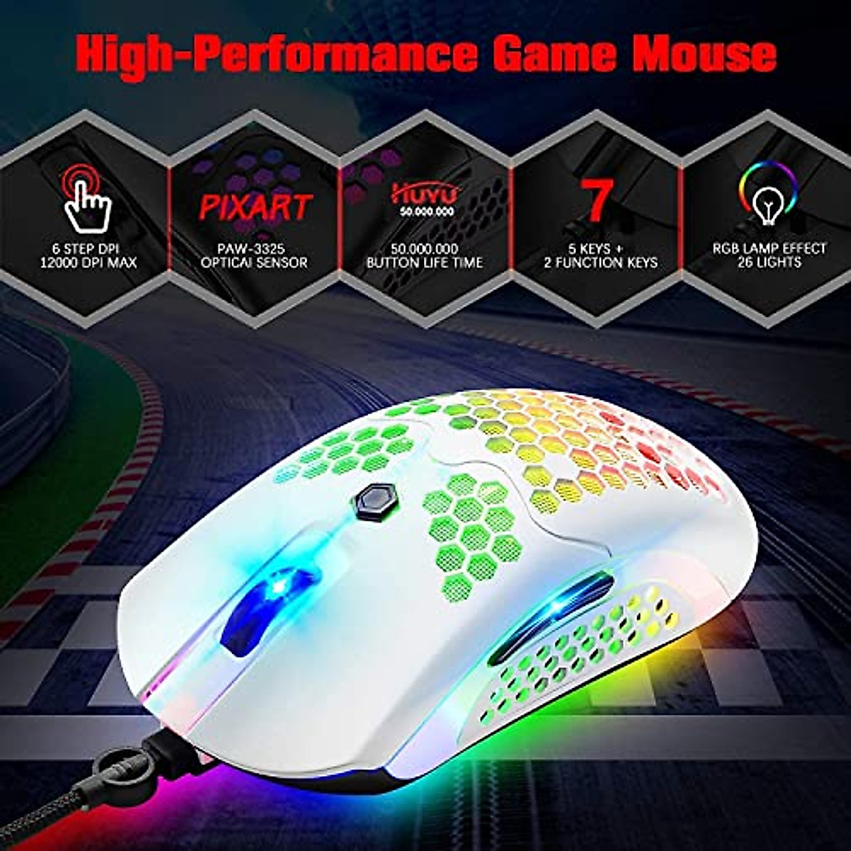 SELORSS ZIYOULANG T60 60% Compact Mechanical Gaming Keyboard RGB Chroma Type C Ergonomic Mini Keyboard UK Layout 12000DPI Gaming Mouse Honeycomb Shell for PC/PS4/PS5/Xbox(Red Switch)