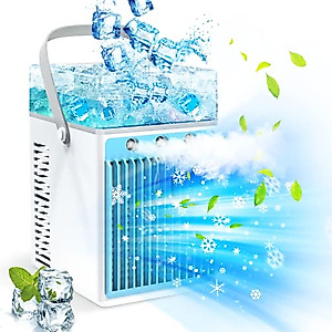Portable Air Conditioners, 4 in 1 Rechargeable Evaporative Personal Cooler Humidifier with 6 Ice Boxes, 3 Speeds Quiet Mini AC with LED, Air Conditioner Desktop Cooling Fan for Office Tent Bedroom