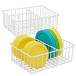 2 Pack White Wire Baskets for Kitchen, 3 Compartment Bin for Cabinet Shelves, Drawers (10 x 8 x 3.7 In)