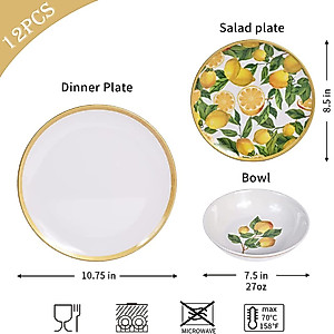 Melamine Dinnerware Sets- 12pcs Melamine Plates and Bowls Set for 4,Indoor and Outdoor Dinnerware, Lemon dinnerware set