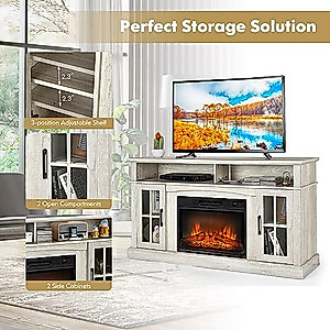 COSTWAY Electric Fireplace TV Stand for TVs Up to 65 Inches, 1400W Heater Insert with Remote Control, 6H Timer, 3-Level Flame, Overheat Protection and CSA Certification, Adjustable Shelves, Grey